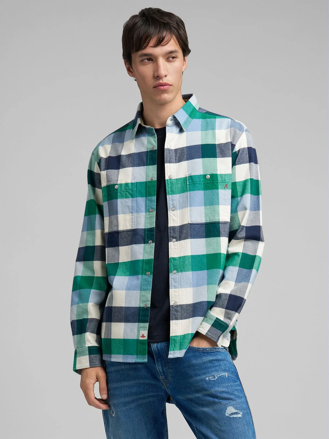 Multi-coloured chequered flannel shirt Dark blue/green/nat.white ...